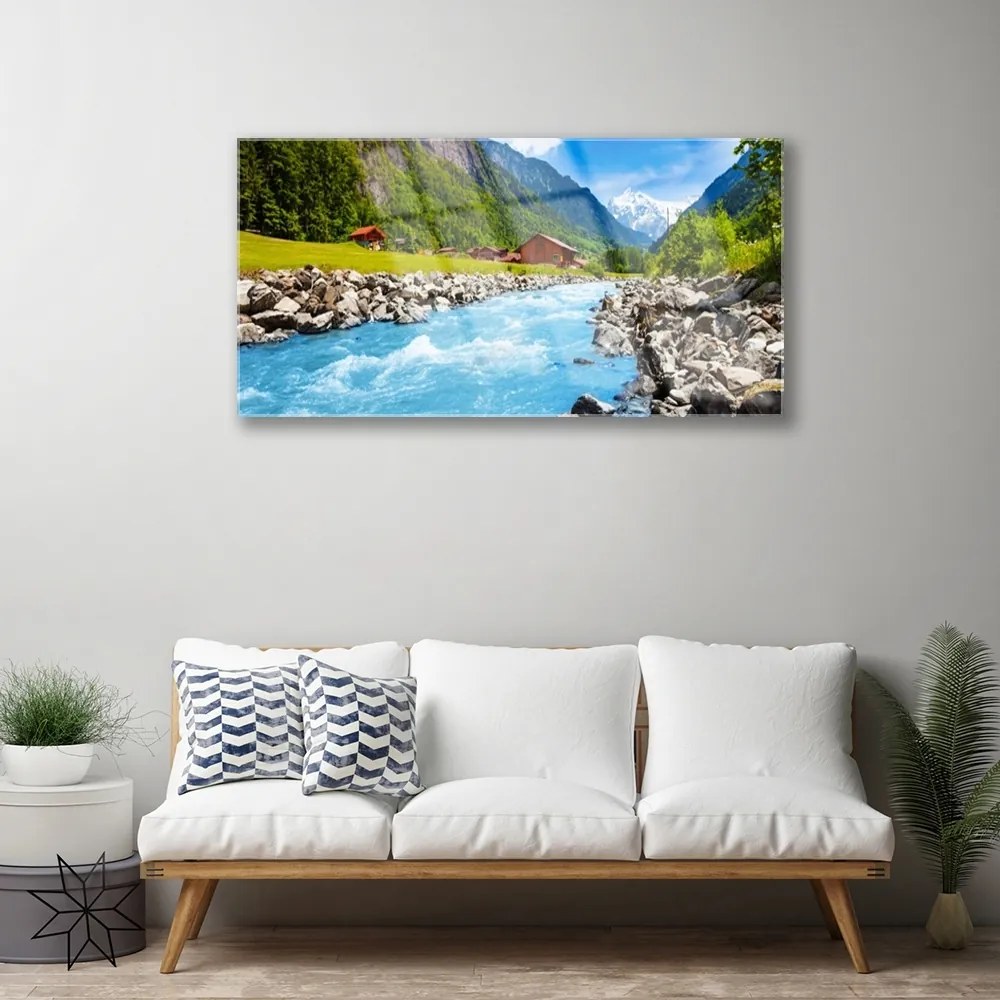 Obraz na skle Hory Řeka Krajina 120x60 cm