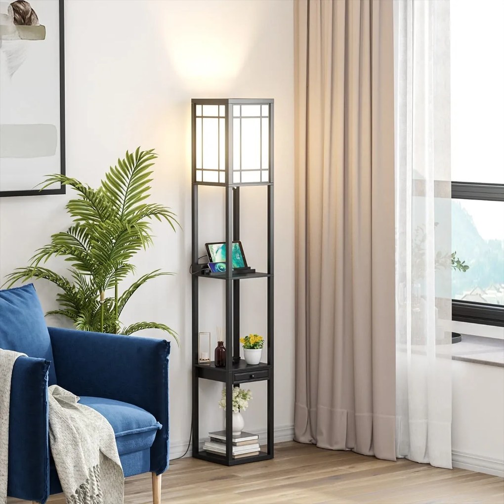 Costway Moderní regálová stojací lampa do obývacího pokoje a ložnice, černý