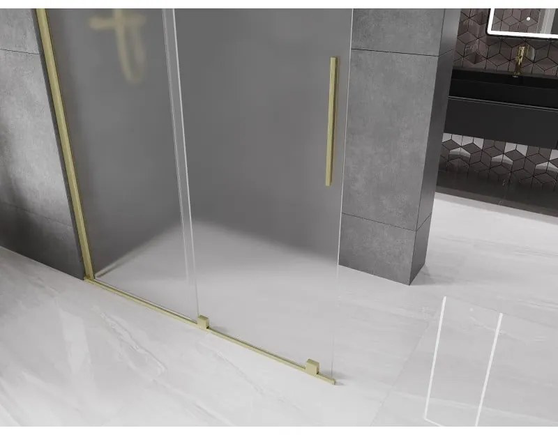 Mexen Velar, sprchová zástěna s posuvnými dveřmi Walk-in 130 x 200 cm, 8mm sklo námraza, zlatá matná, 871-130-000-33-55