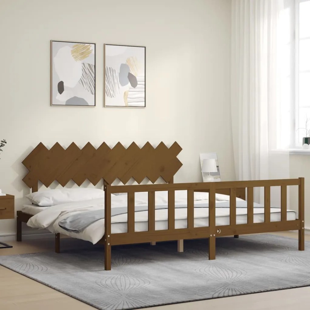 Rám postele s čelem medově hnědý 200 x 200 cm masivní dřevo,  3193489