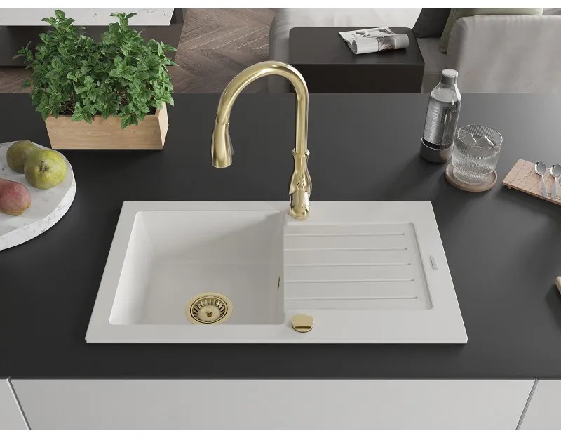 Mexen Pablo, 1-komorový granitový dřez 752x436x161 mm a dřezová baterie Savita, bílá, 6510-20-672601-50