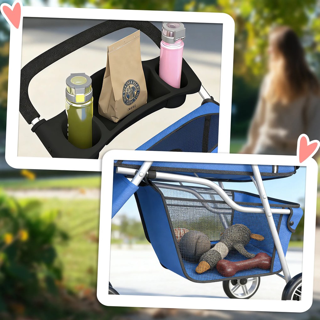 PawHut skládací kočárek pro malé psy — síťovaná okénka, úložný koš a držák na nápoj, nosnost 10 kg, modrý