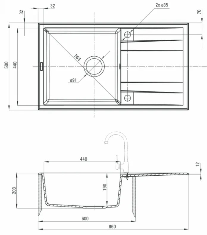 DEANTE ERIDAN ZQE_N113 Jednodřez s odkapem 860X500X203, granit černá - Deante