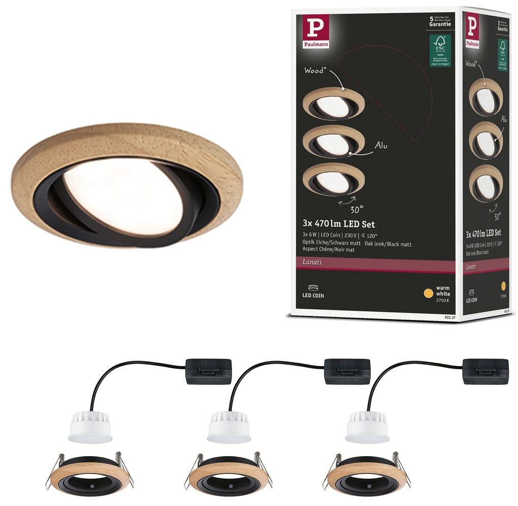 Paulmann 92237 Lanati Coin, set dřevěných bodovek s černou, 3x6W LED 2700K, prům. 8,4cm