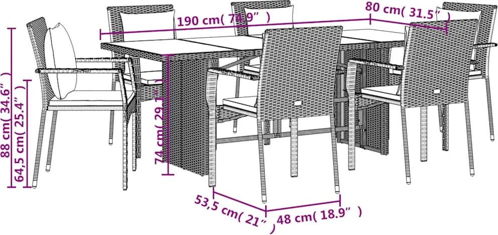 7dílný zahradní jídelní set s poduškami černý polyratan 3213490