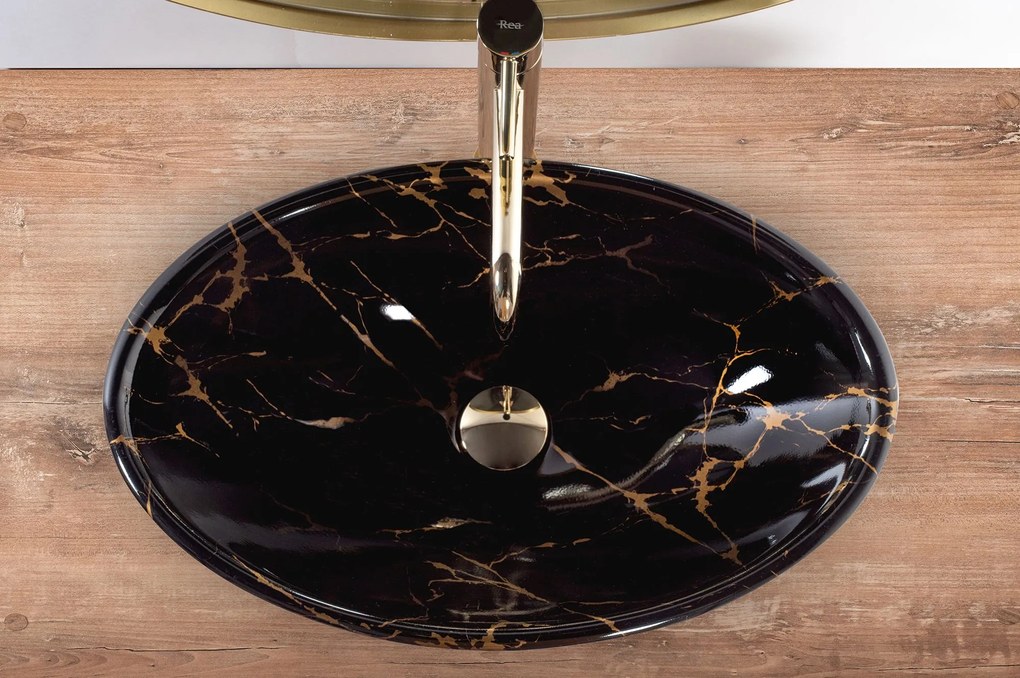 Rea Pamela Black Marble Shiny, umyvadlo na desku 530x330x150 mm, černá lesklá-vzor black marble, REA-U5067