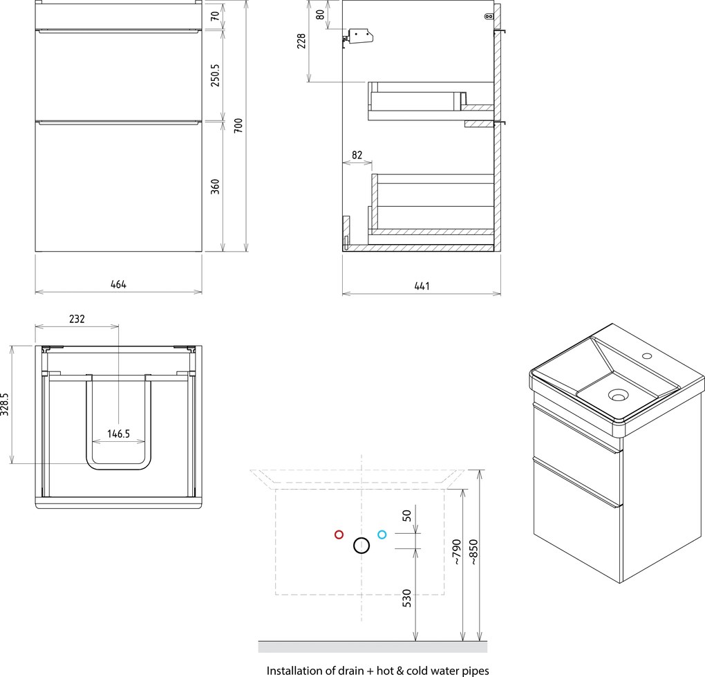Sapho SITIA umyvadlová skříňka 46,4 x 70 x 43,4 cm 2x zásuvka dub stříbrný SI050-1111