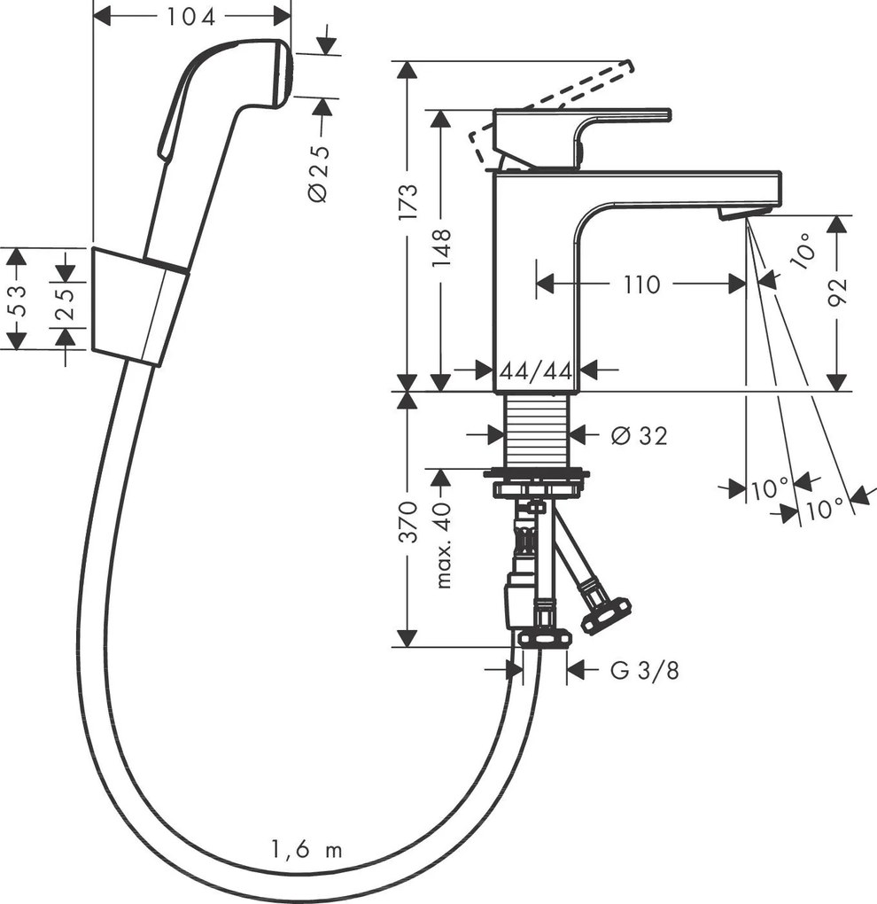 Hansgrohe Vernis Shape, umyvadlová baterie 100 s ruční sprchou Bidette, chromová, 71216000