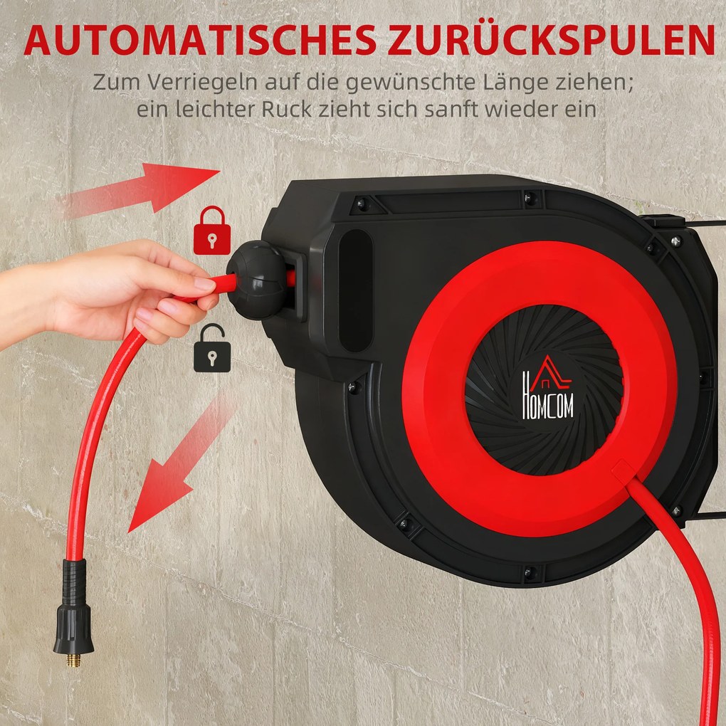 Hadicový naviják s výsuvným mechanismem, 16,5 m hadice, nástěnný, červený+černý