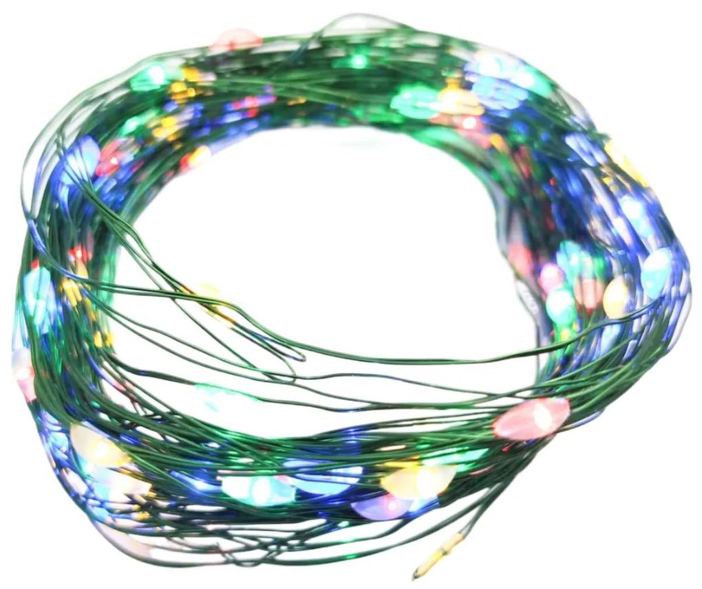 Vánoční mikro řetěz, různobarevná, 10m, 100 LED, zelený kabel, na baterie
