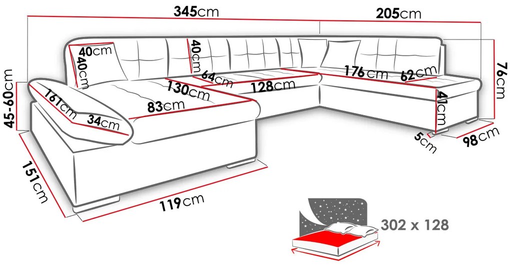 Luxusní sedačka ve tvaru U Bravo, černá / šedá Roh: Orientace rohu Pravý roh