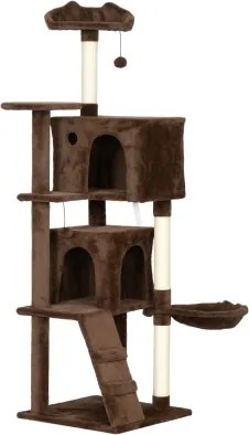 PawHut škrabadlo pro kočky 160 cm s platformami, postelí, 2 jeskyněmi, houpací sítí, žebříkem, sisalovými sloupy, hnědá
