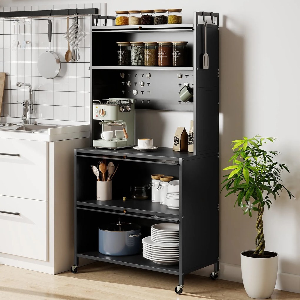 Costway Vysoká kuchyňská skříňka s kolečky a skládacími dvířky a pegboard