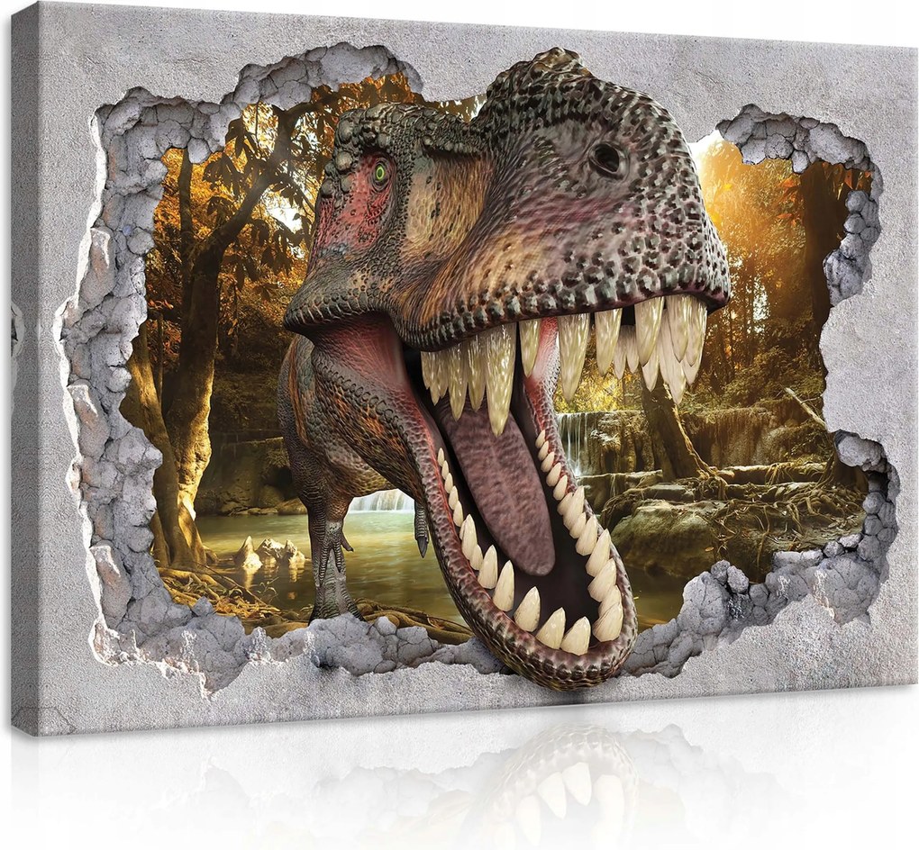 Obraz 70x50 Dinosaurus T-Rex stěna les světlo 3D realismus dobrodružství