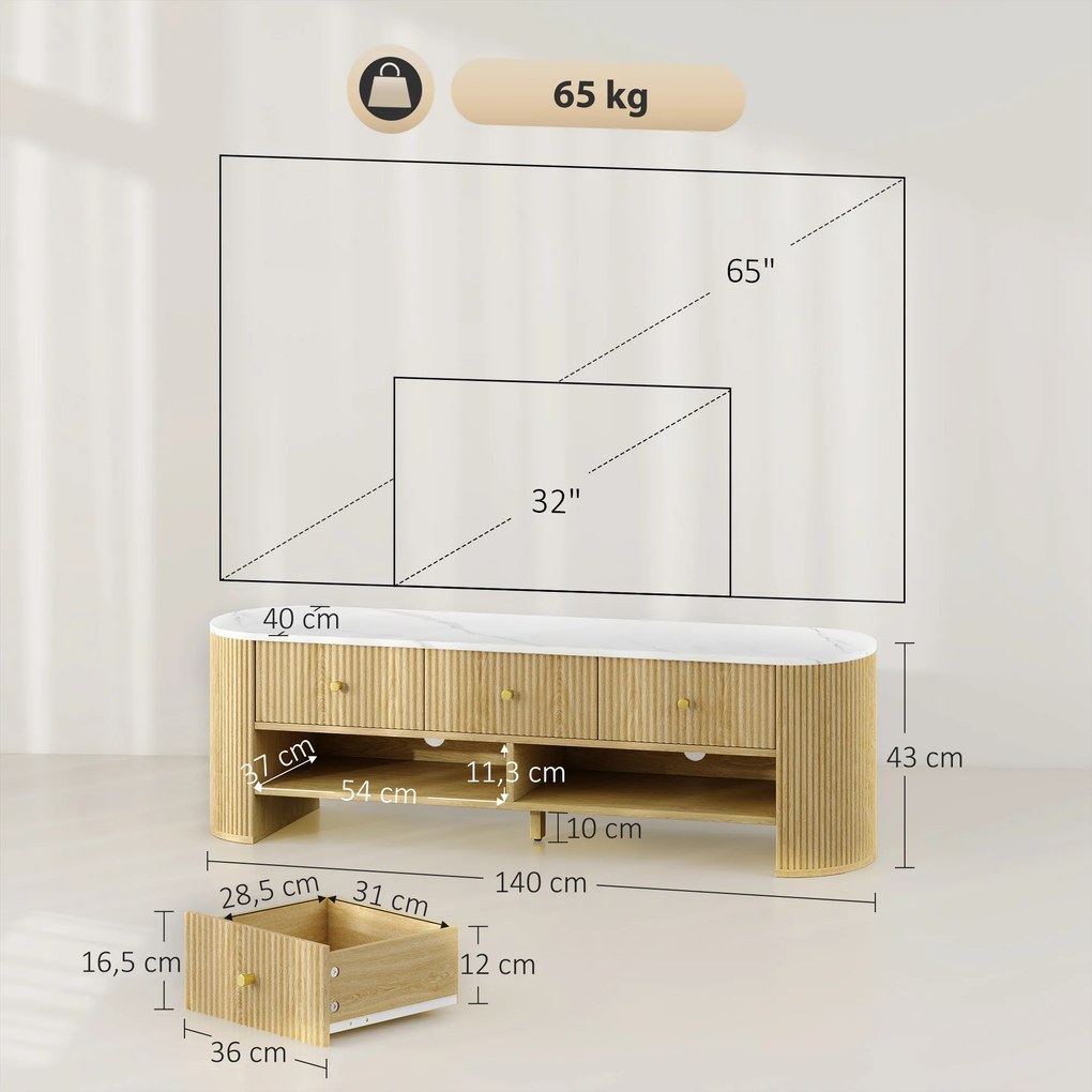 HOMCOM TV skříň 140 cm, televizní nábytek pro 65palcové televize s mramorovým efektem, 3 drážkované čelníky zásuvek, efekt přírodního dřeva