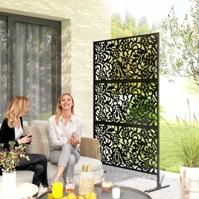 Outsunny dekorativní ochrana soukromí pro venkovní použití, zahradní clona 3 panely s květinovým vzorem, ocel 122 x 45 x 198 cm, černá