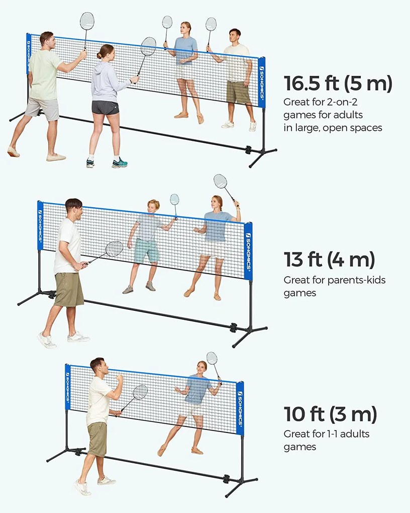 Badmintonová síť s přenosným stojanem, nastavitelná výška 5 x 1,5 m, modrá