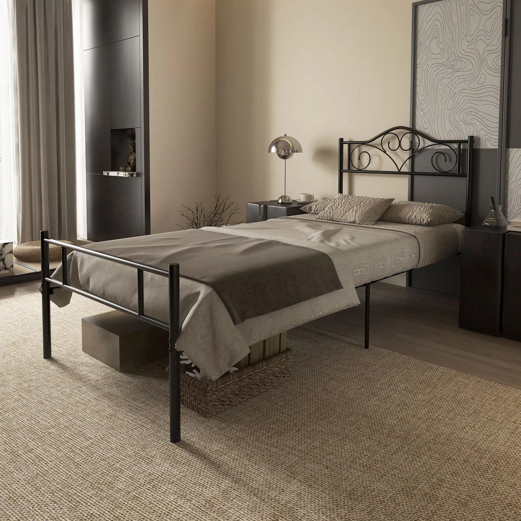 HOMCOM jednolůžkový postelový rám z oceli 95x211x106 cm, integrované laťování, čelo a nožní část, úložný prostor pod postelí, černá