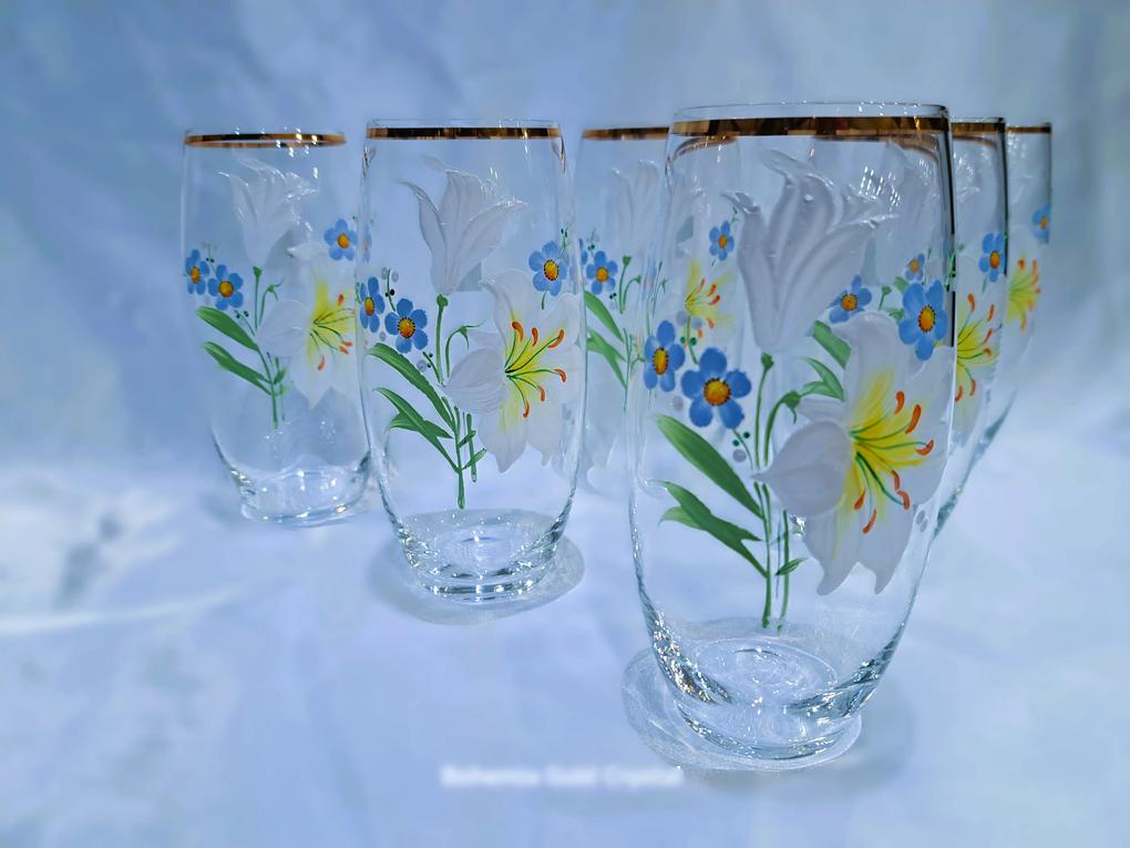 Ručně malované sklenice na džus, vodu zdobené květinami, 6 kusů.