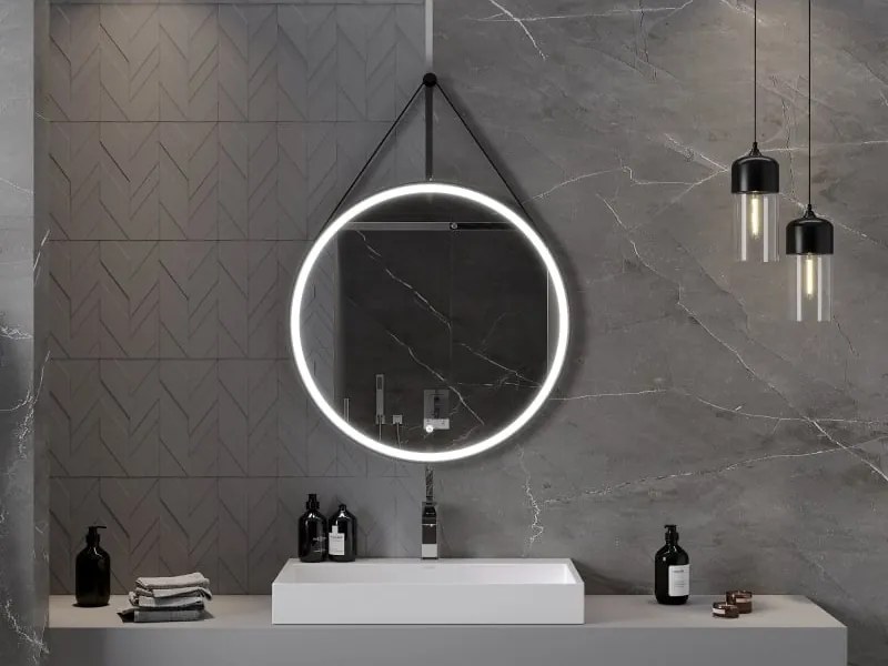 Mexen Reni koupelnové zrcadlo s podsvícením, kulaté 80 cm, LED 6000K, antifog, černý rám - 9812-080-080-611-70