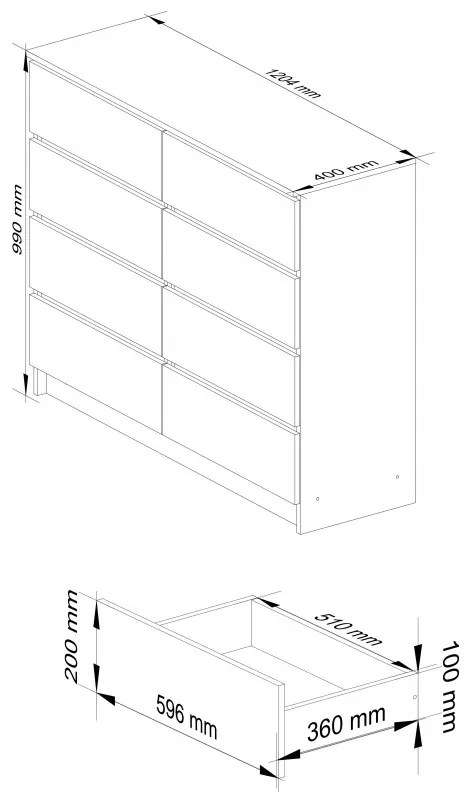 Komoda K120 cm 8SZ, bílá lesk