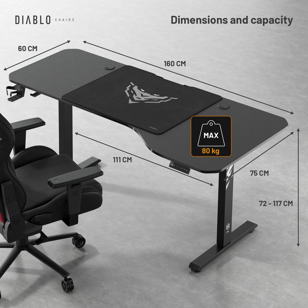 Výškově Nastavitelný Pracovní Stůl Diablo X-Tensio 1600 Černý