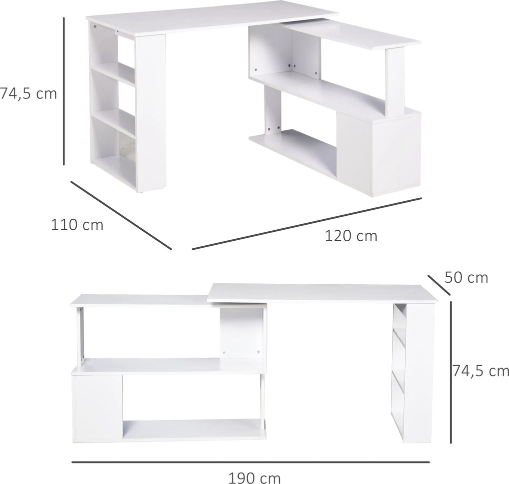 HOMCOM Rotující rohový stůl ve tvaru L se policemi pro kancelář nebo studijní prostor 120x110x74,5 cm Bílá