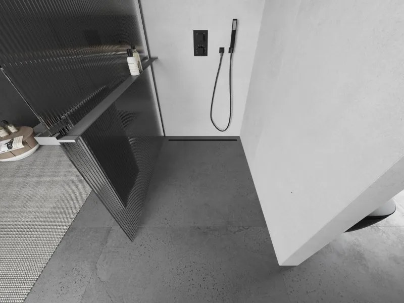 Mexen Kioto+, sprchová zástěna Walk-In s poličkou a věšákem 130 x 200 cm, 8mm sklo s žebrovým vzorem, grafitový profil, 800-130-121-95-09
