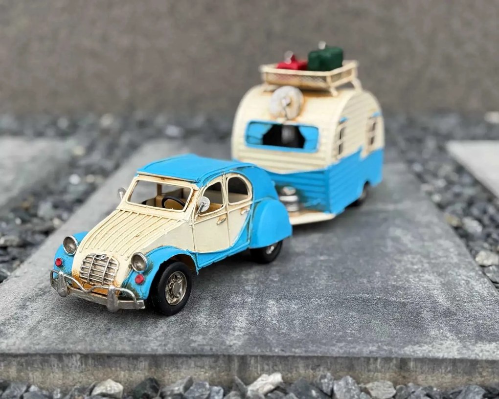 Kovový model - Retro auto 2CV s karavanem