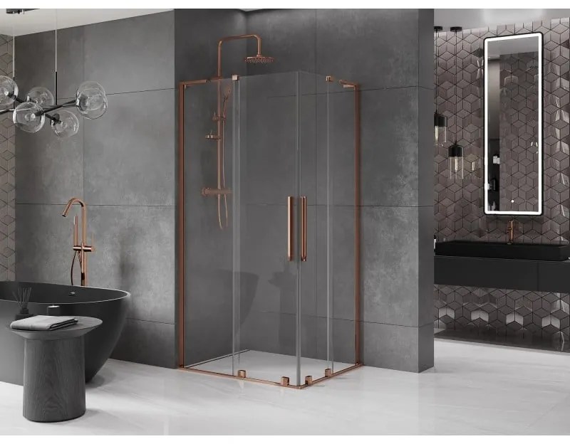 Mexen Velar L Duo, sprchový kout s posuvnými dveřmi 100 x 90 cm, 8mm čiré sklo, růžové zlato, 871-100-090-02-03-60