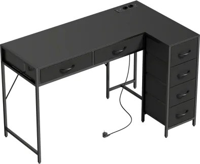 HOMCOM rohový stůl se 6 zásuvkami, bočním hákem a integrovanými zásuvkami, dřevo a ocel, 126x48x80 cm, černý