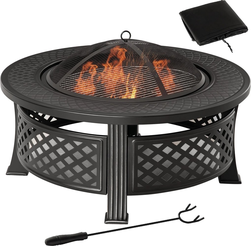 Outsunny Ohniště s Pokerem a Ochrannou Mřížkou, Hnědá Ohnivá Stůl pro Zahradu, Kempování a BBQ, Ocelová Černá 81 x 81 x 50 cm | Aosom