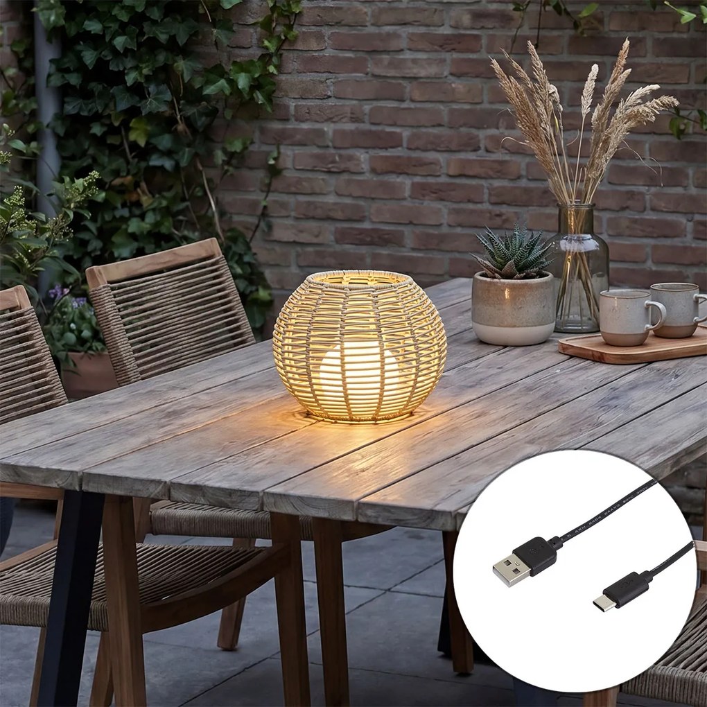 Venkovní stolní lampa béžová 25 cm vč. LED dobíjecí s USB-C IP44 - Oli