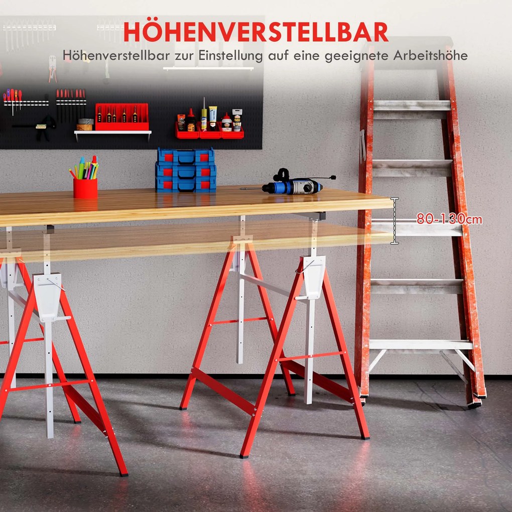 HOMCOM 2 x Skládací Trestle - Nastavitelná Výška až 200kg Ocel Červená 68 x 58 x 80-130 cm