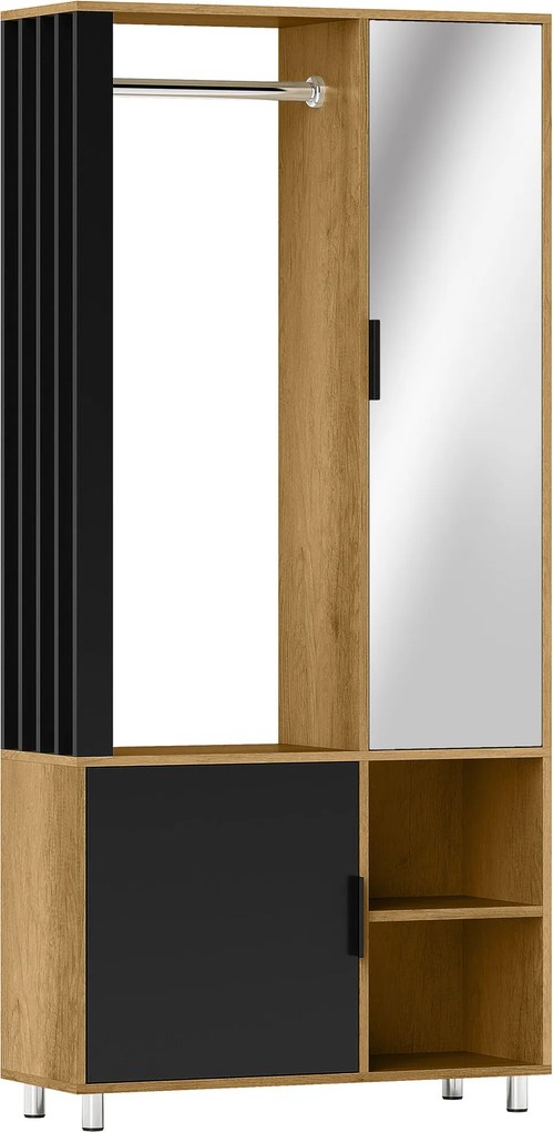 HOMCOM Moderní šatní skříň s zrcadlem, otevřené přihrádky, šatní tyč, 80 x 30 x 170 cm, Přirozené dřevo | Aosom