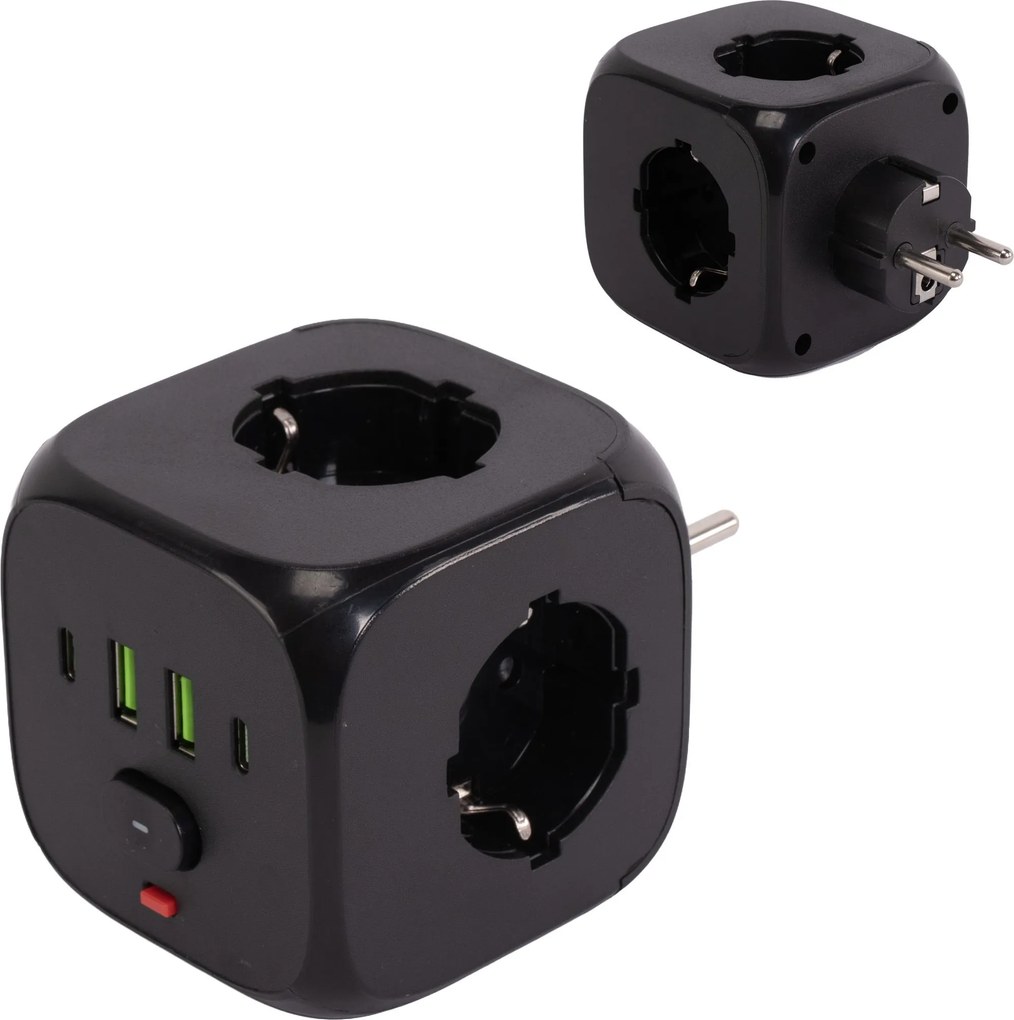 Toolight Toolight, JNH019, zásuvková kostka 7v1, 3 zásuvky + 2× USB-A + 2× USB-C, černá, OSW-56304