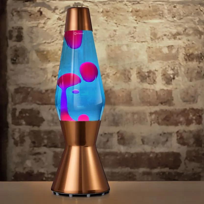 Mathmos Astro Copper, originální lávová lampa, měděná s modrou tekutinou a růžovou lávou, výška 43cm
