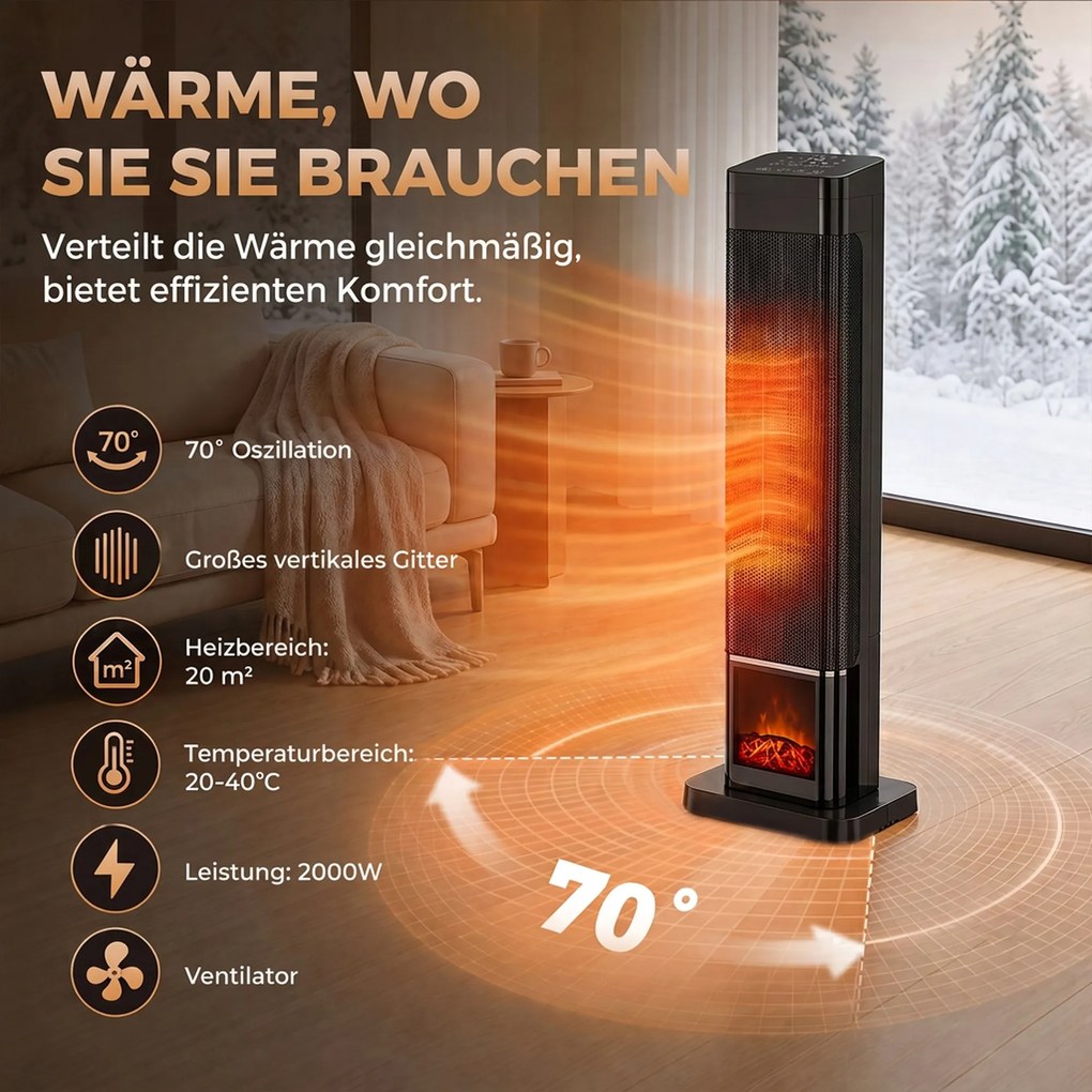 HOMCOM keramický teplovzdušný ventilátor s efektem plamene, 2000 W
