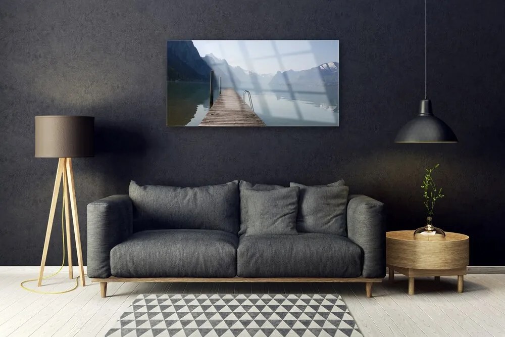 Obraz na skle Molo Jezero Hory Krajina 100x50 cm