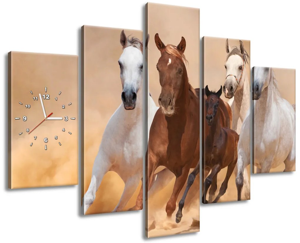 Gario Obraz s hodinami Cválající koně - 5 dílný Rozměry: 150 x 70 cm