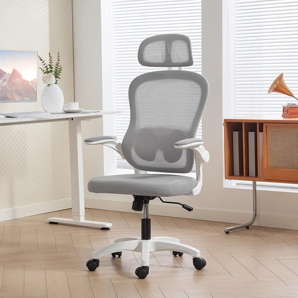 HOMCOM Ergonomická kancelářská židle s opěrkou zad z síťoviny, výškově nastavitelná, sklápěcí loketní opěrky, 5 koleček, houpací funkce, šedá