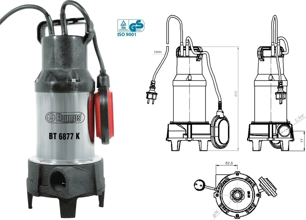 Elpumps BT 6877 K – Kalové čerpadlo do septiku, litinové řezné nože, výtlak 18 m, chromová ocel