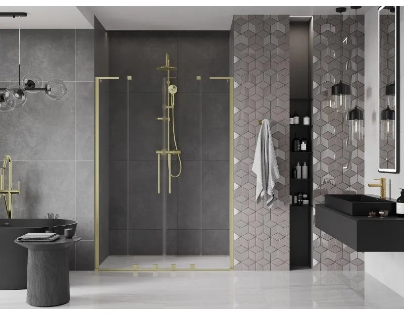 Mexen Velar L Duo, posuvné sprchové dveře do otvoru 140 cm, 8mm čiré sklo, zlatá matná, 871-140-003-02-55
