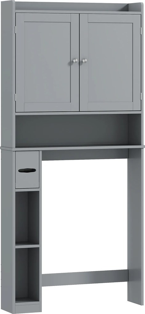 HOMCOM nástavec nábytku pro WC nebo pračku, 2 dveře, 3 přihrádky, držák na toaletní papír, 80x19,5x170 cm, šedá
