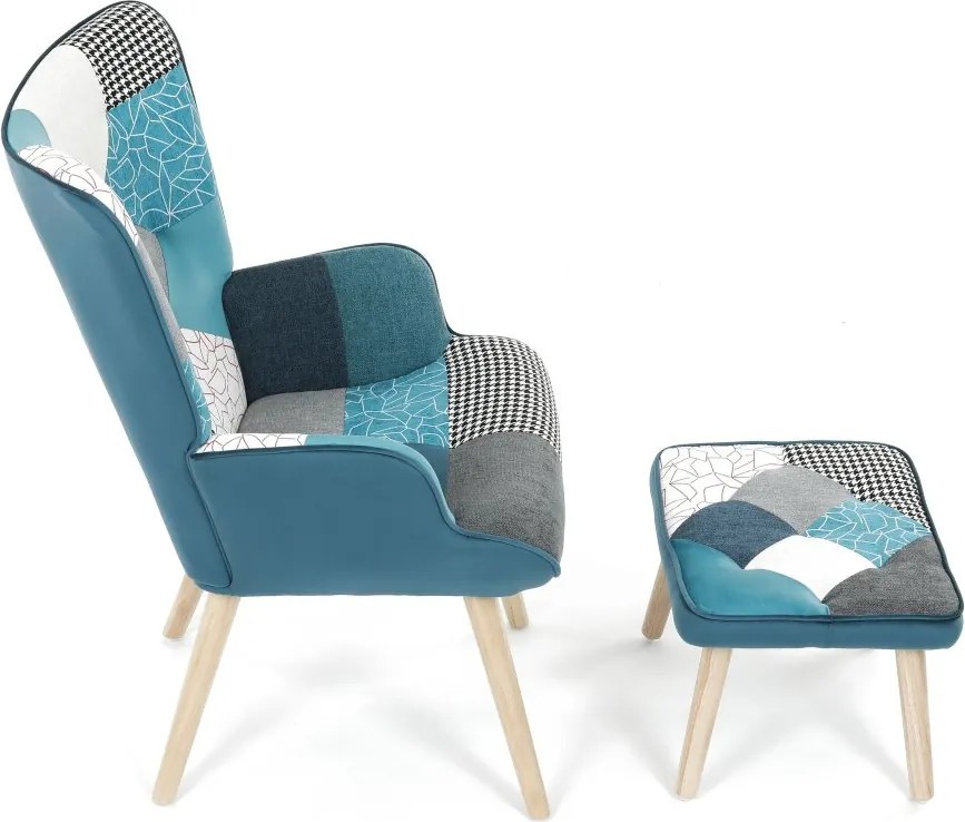 Relaxační křeslo ušák LISA + taburet — masiv, látka, modrý patchwork