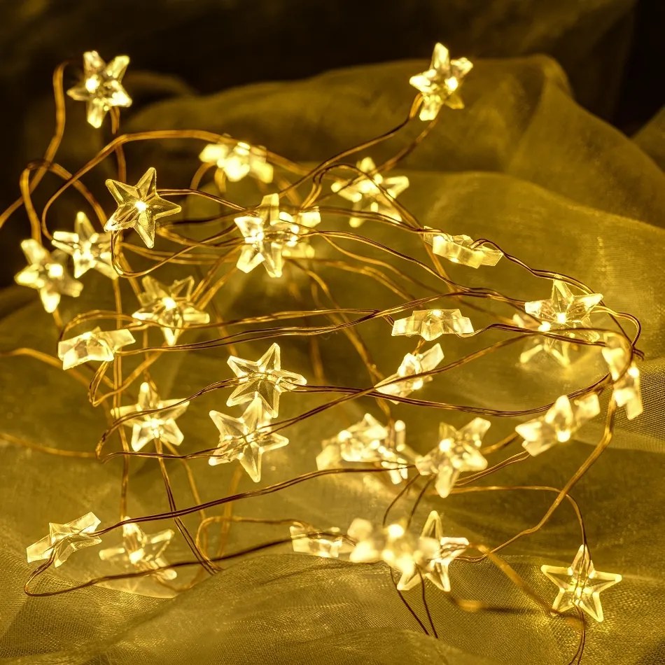 LED světýlka na baterie, hvězdičky, 3,4 m, teple bílá, 40 diod, měděná barva drátku, IP20 interiér, 3 × AA