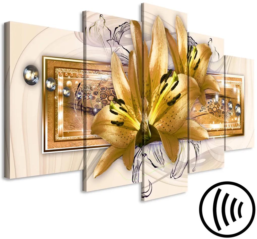 Obraz Zlatý lesk (5-dílný) - lesklá kompozice s květinami lilie