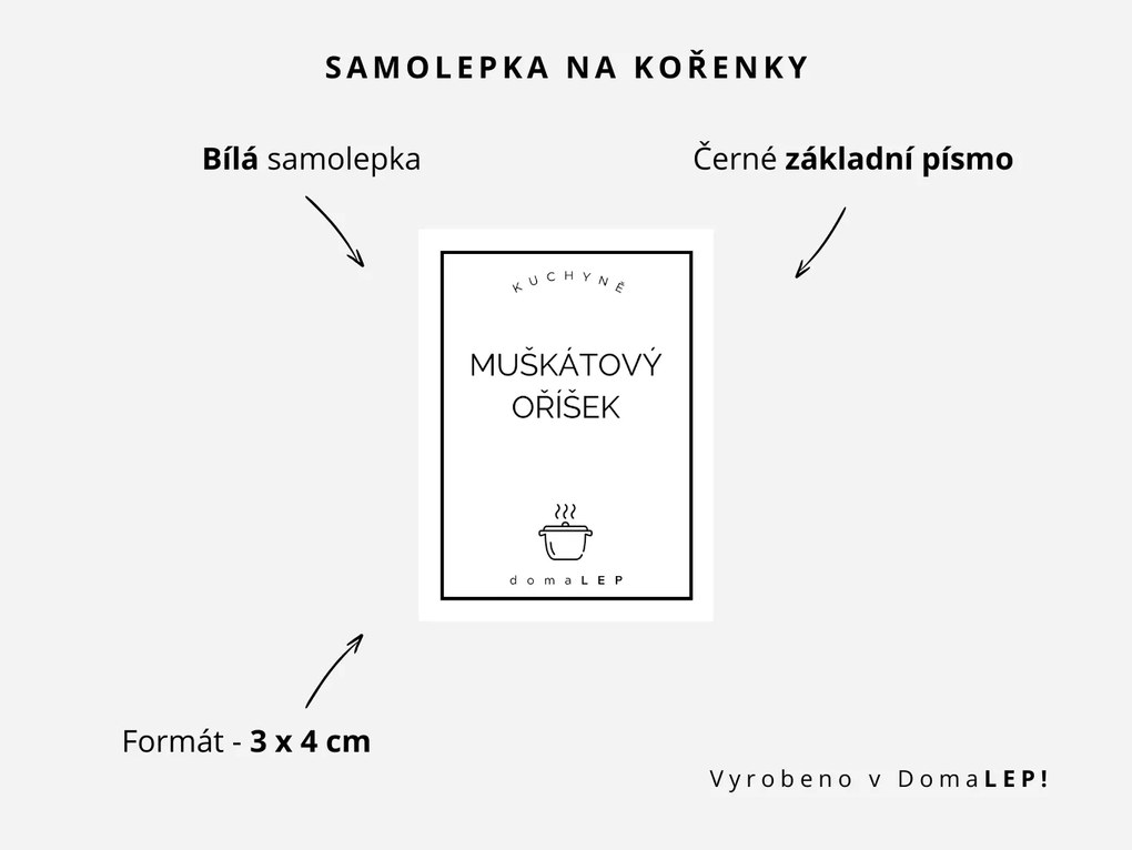 MUŠKÁTOVÝ OŘÍŠEK - Samolepka na kořenky 3 x 4 cm - DomaLEP varianta: BÍLÁ - tučné písmo