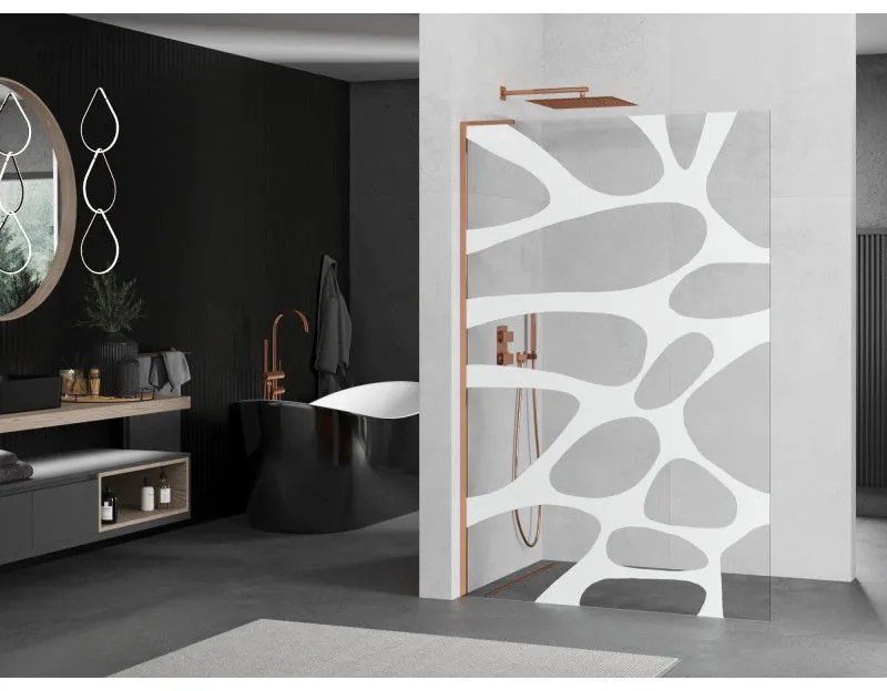 Mexen Kioto L, sprchová zástěna Walk-In 110 x 200 cm, 8mm čiré sklo bílý vzor, růžové zlato profil, 800-110-103-60-97