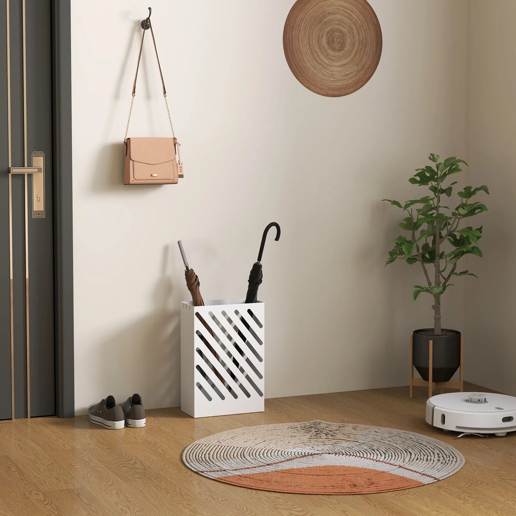 HOMCOM Stojan na deštníky s odkapávací miskou, 4 háčky, ocel, 28L x 14W x 41H cm, bílý